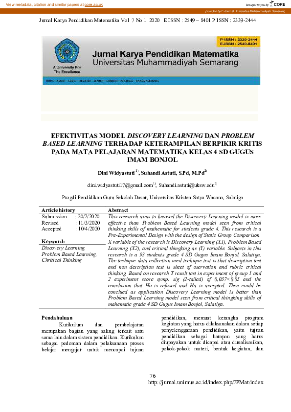 (PDF) Efektivitas Model Discovery Learning Dan Problem Based Learning Terhadap Keterampilan ...