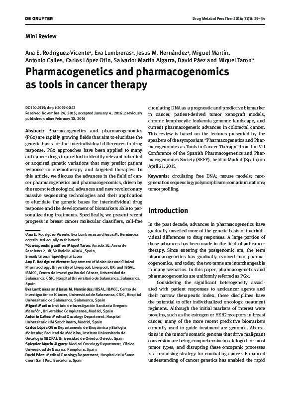 (PDF) Pharmacogenetics and pharmacogenomics as tools in cancer therapy