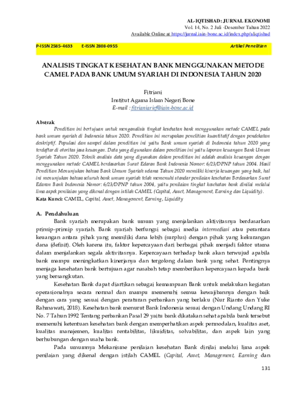 (PDF) Analisis Tingkat Kesehatan Bank Menggunakan Metode Camel Pada Bank Umum Syariah DI ...