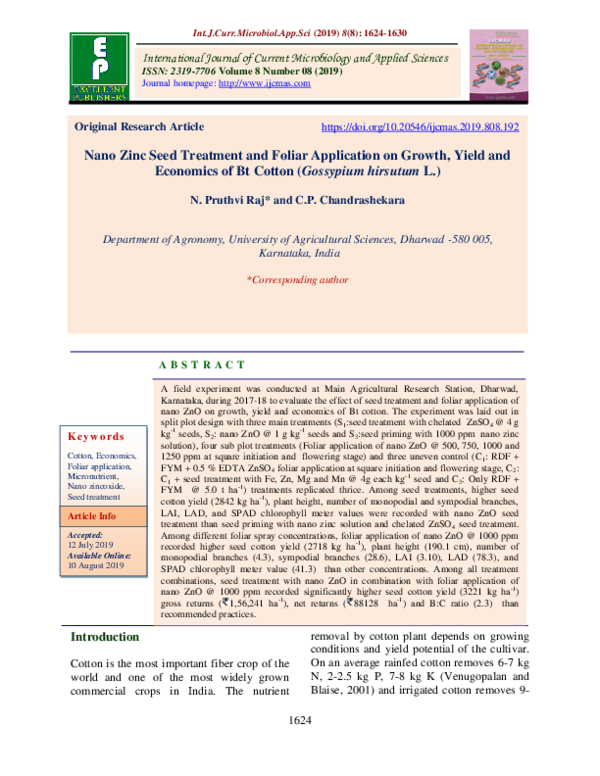 (PDF) Nano Zinc Seed Treatment and Foliar Application on Growth, Yield and Economics of Bt ...