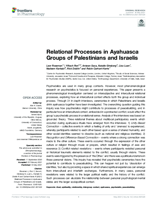(PDF) Relational Processes in Ayahuasca Groups of Palestinians and Israelis