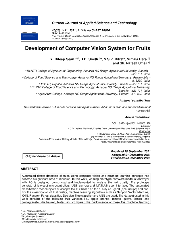 (PDF) Development of Computer Vision System for Fruits