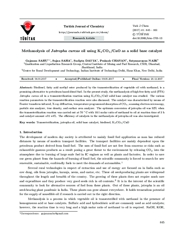 (PDF) Methanolysis of Jatropha curcas oil using K$_{2}$CO$_{3}$/CaO as a solid base catalyst