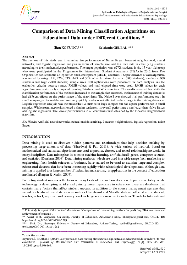 (PDF) Comparison of Data Mining Classification Algorithms on Educational Data Under Different ...