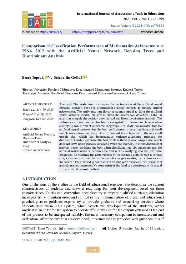 (PDF) Comparison of Classification Performances of Mathematics Achievement at PISA 2012 with the ...