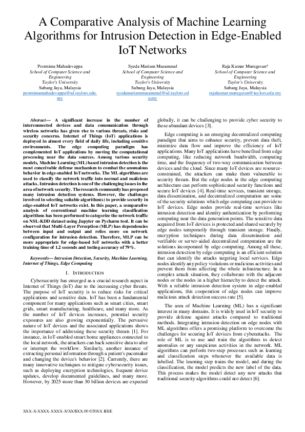 Pdf A Comparative Analysis Of Machine Learning Algorithms For Intrusion Detection In Edge