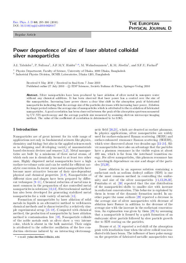 (PDF) Power dependence of size of laser ablated colloidal silver ...
