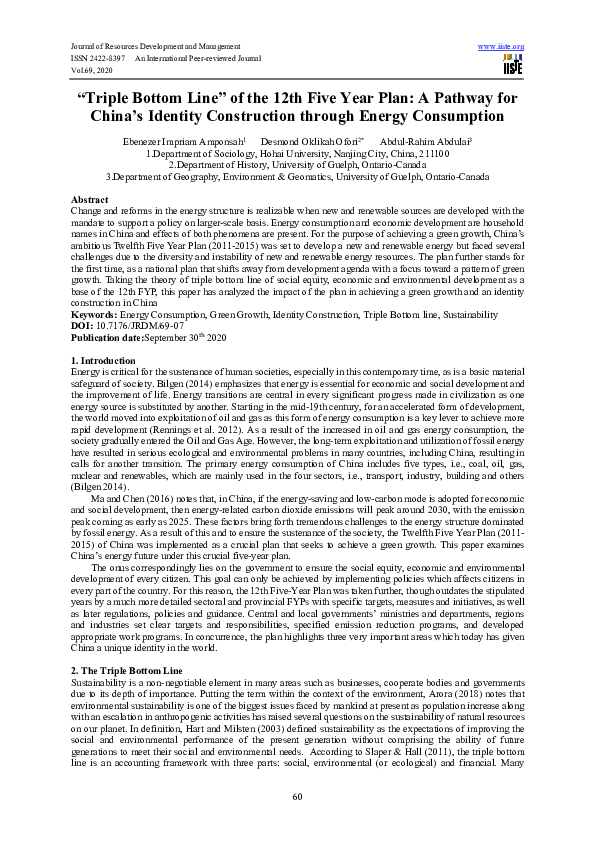 (PDF) “Triple Bottom Line” of the 12th Five Year Plan: A Pathway for China’s Identity ...