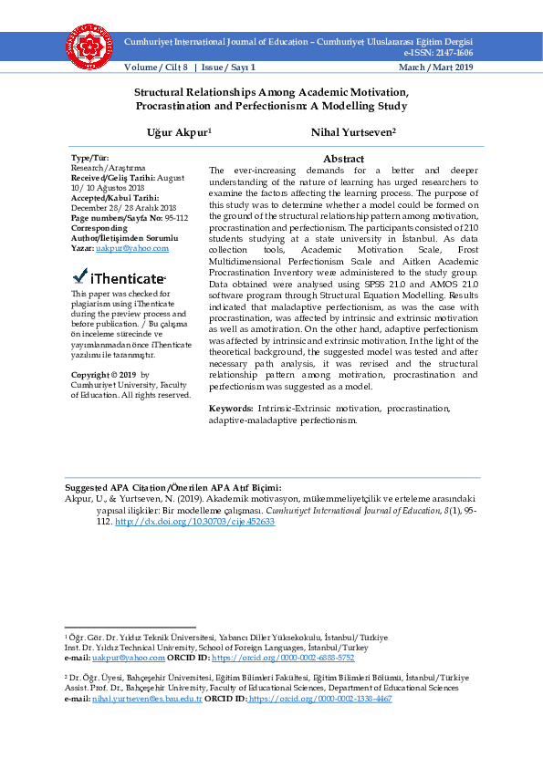 (PDF) Structural Relationships between Academic Motivation, Procrastination and Perfectionism: A ...