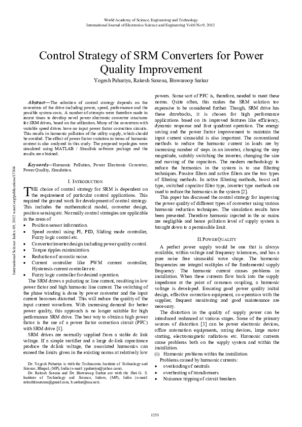 (PDF) Control Strategy of SRM Converters for Power Quality Improvement