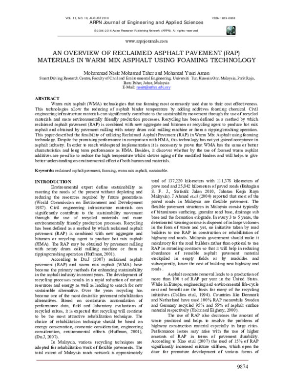 (PDF) An Overview of reclaimed asphalt pavement (RAP) materials in Warm Mix Asphalt using ...