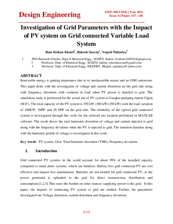 Pdf Investigation Of Grid Parameters With The Impact Of Pv System On