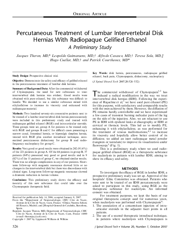 (PDF) Percutaneous Treatment of Lumbar Intervertebral Disk Hernias With ...