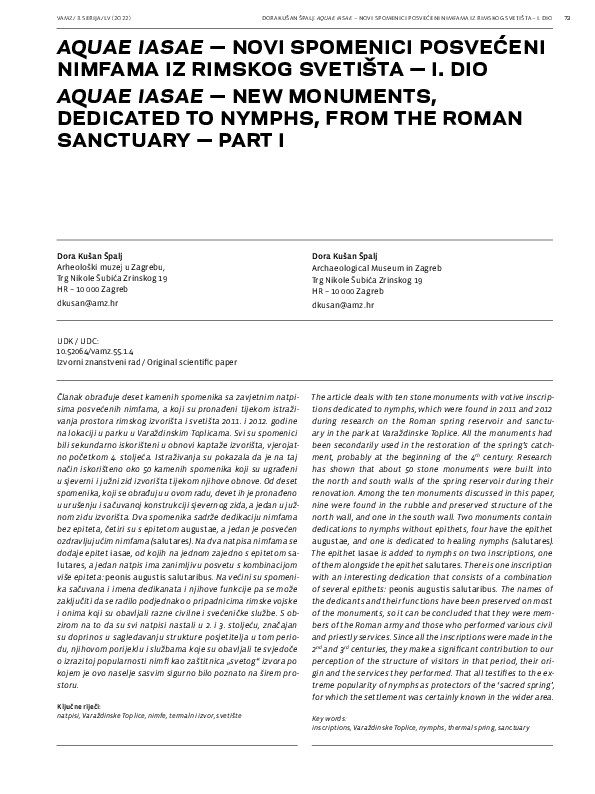 (PDF) Aquae Iasae -New monuments, dedicated to nymphs, from the Roman ...