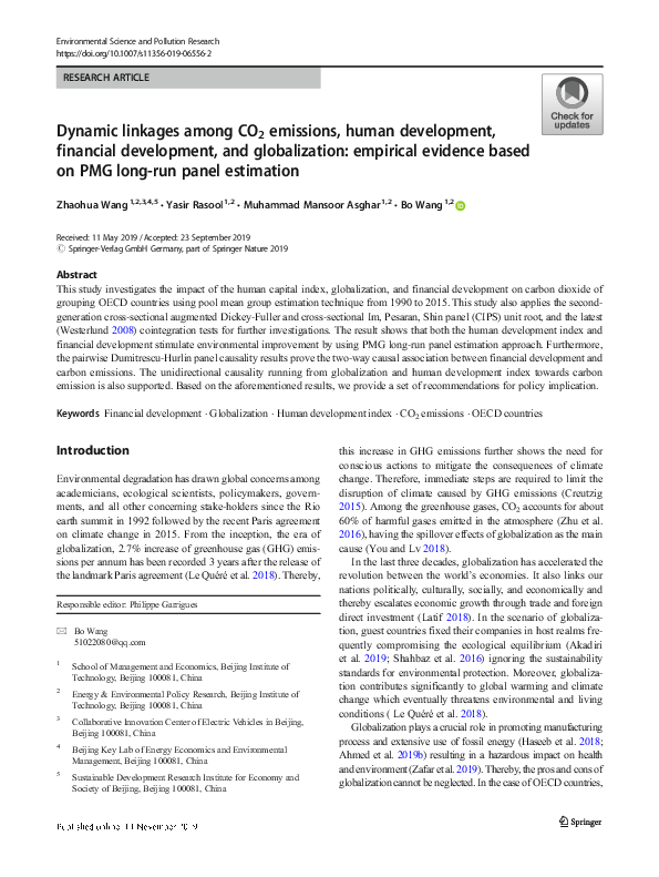 (PDF) Dynamic linkages among CO2 emissions, human development, financial development, and ...