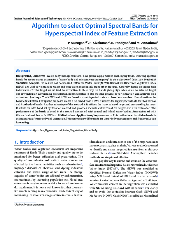 (PDF) Algorithm to select Optimal Spectral Bands for Hyperspectral Index of Feature Extraction
