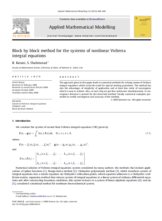 Pdf Block By Block Method For The Systems Of Nonlinear Volterra Integral Equations