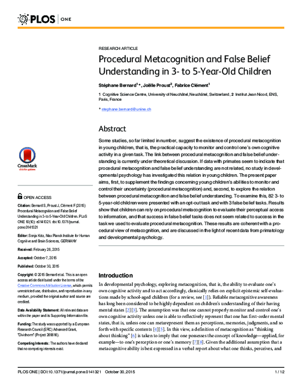 (PDF) Procedural Metacognition and False Belief Understanding in 3- to 5-Year-Old Children