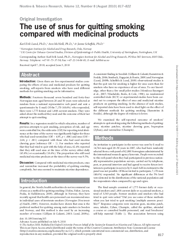 (PDF) The use of snus for quitting smoking compared with medicinal products