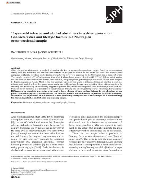 (PDF) 15-year-old tobacco and alcohol abstainers in a drier generation ...