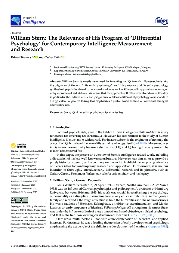 (PDF) William Stern: The Relevance of His Program of ‘Differential ...