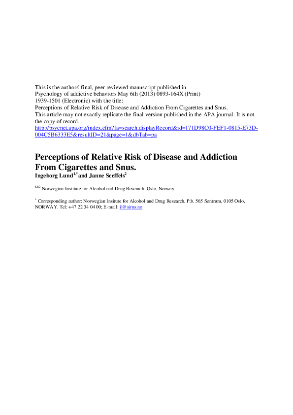 (PDF) Perceptions of relative risk of disease and addiction from ...