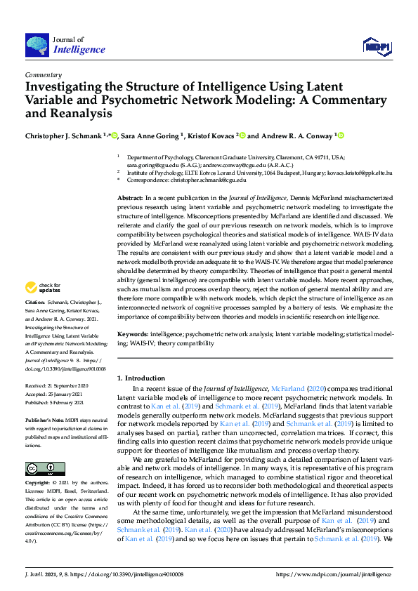 Pdf Investigating The Structure Of Intelligence Using Latent Variable And Psychometric Network