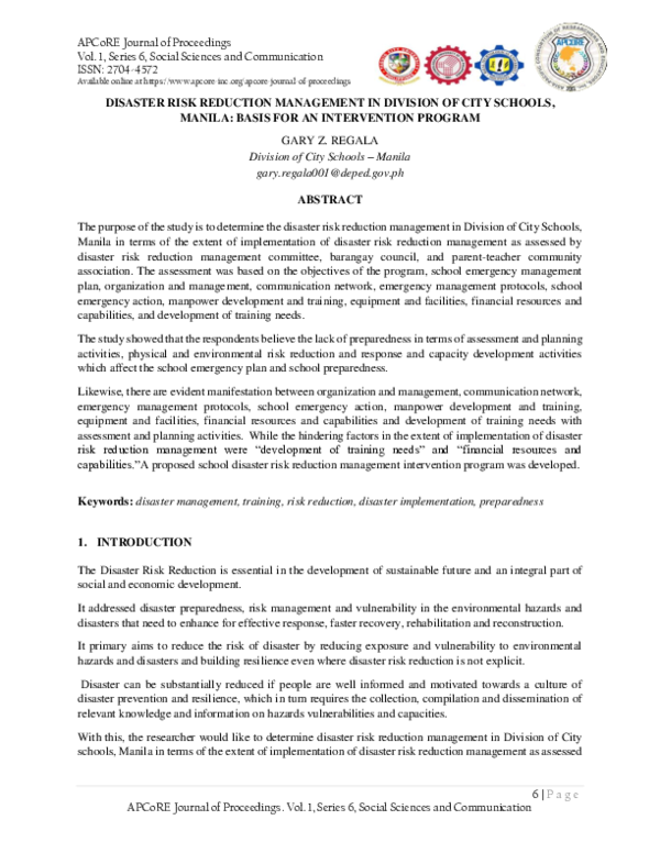 (PDF) DISASTER RISK REDUCTION MANAGEMENT IN DIVISION OF CITY SCHOOLS, MANILA: BASIS FOR AN ...