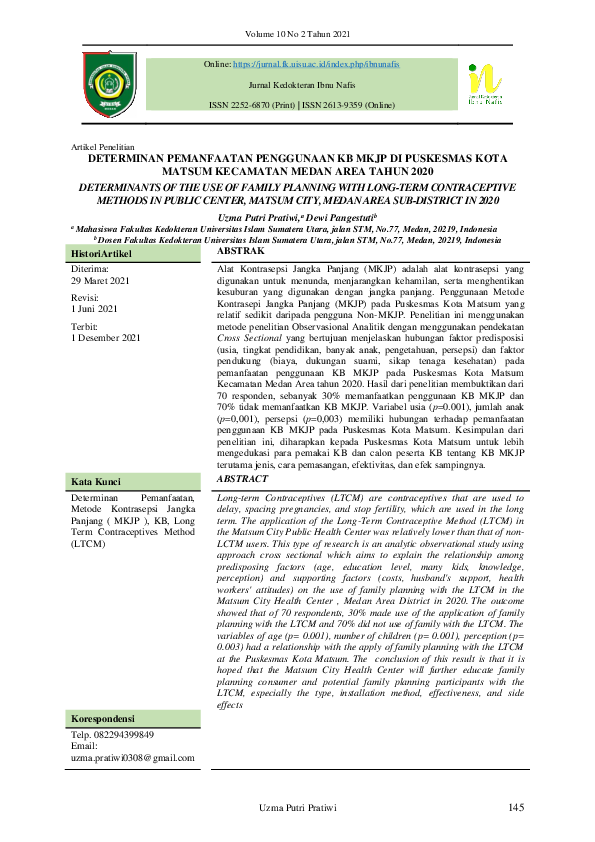(PDF) Determinan Pemanfaatan Penggunaan KB MKJP DI Puskesmas Kota Matsum Kecamatan Medan Area ...
