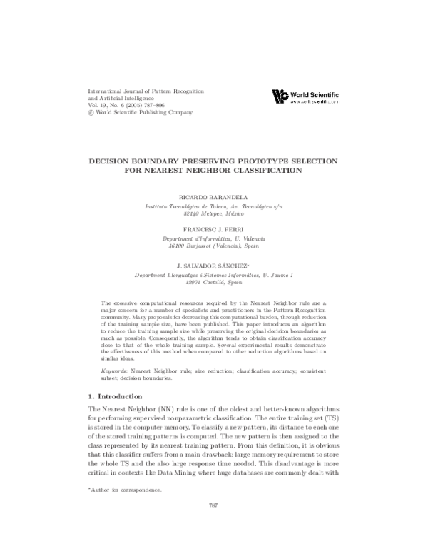Pdf Decision Boundary Preserving Prototype Selection For Nearest Neighbor Classification