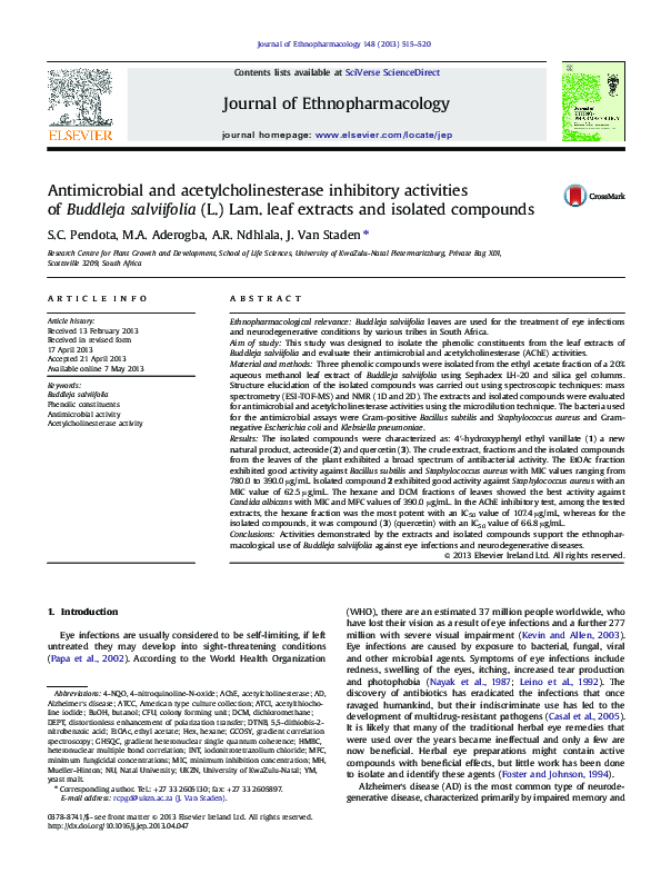 (PDF) Antimicrobial and acetylcholinesterase inhibitory activities of Buddleja salviifolia (L ...