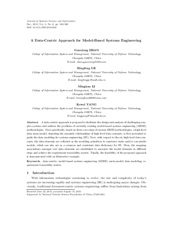 Pdf A Data Centric Approach For Model Based Systems Engineering