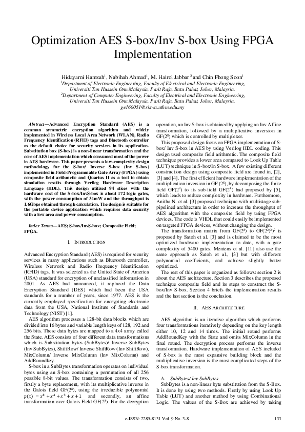 (PDF) Optimization AES S-box/Inv S-box Using FPGA Implementation