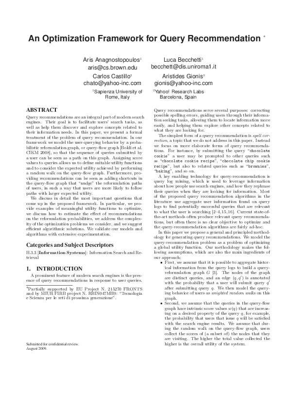 (PDF) An optimization framework for query recommendation