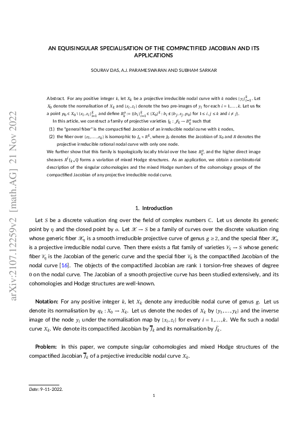(PDF) An Equisingular Specialisation of the Compactified Jacobian and its applications