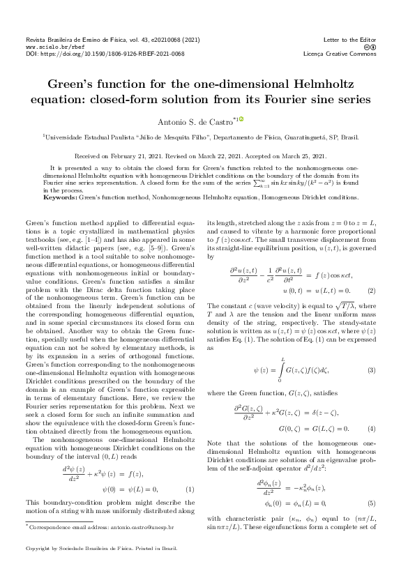 (PDF) Green’s function for the one-dimensional Helmholtz equation: closed-form solution from its ...
