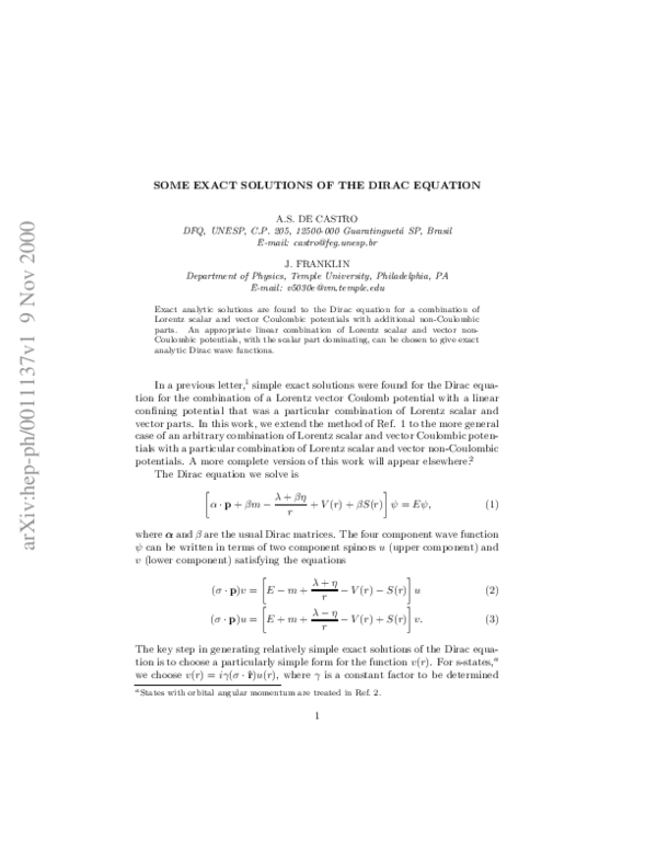 (PDF) Some Exact Solutions of the Dirac Equation