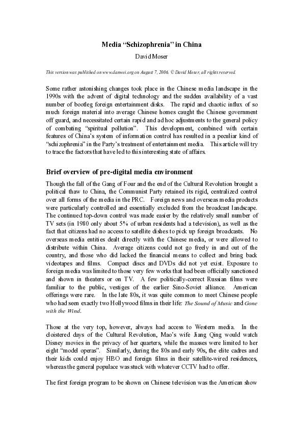 (PDF) Media "Schizophrenia" in China | David Moser - Academia.edu