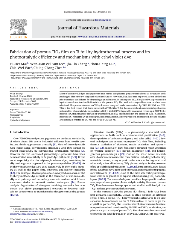 Pdf Fabrication Of Porous Tio2 Film On Ti Foil By Hydrothermal