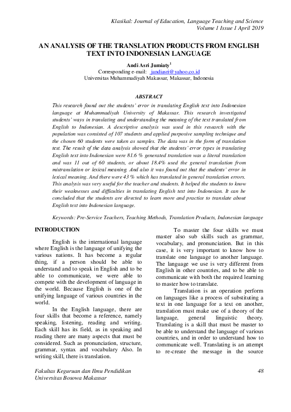 (PDF) An Analysis of the Translation Products from English Text Into ...