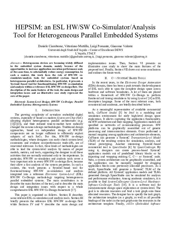(PDF) HEPSIM: An ESL HW/SW co-simulator/analysis tool for heterogeneous parallel embedded ...