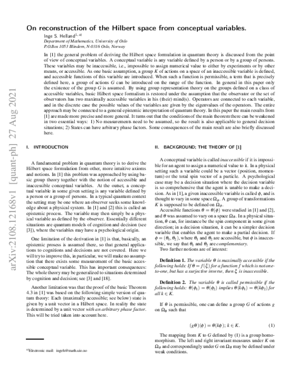 Pdf On Reconstruction Of The Hilbert Space From Conceptual Variables