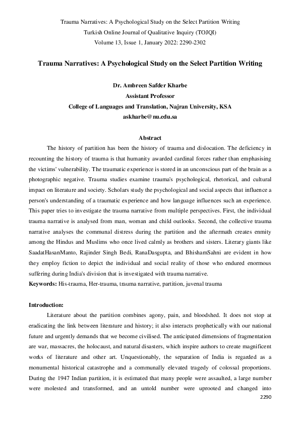 (PDF) Trauma Narratives: A Psychological Study on the Select Partition ...