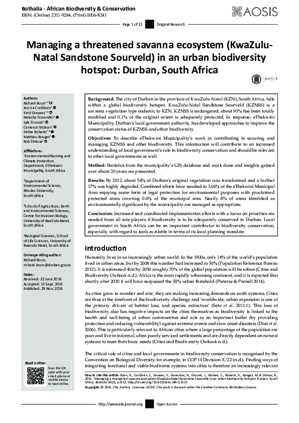 (PDF) Managing a threatened savanna ecosystem (KwaZulu-Natal Sandstone ...