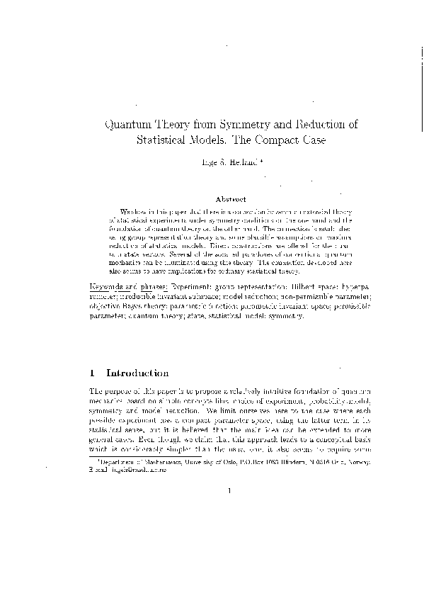 (PDF) Quantum theory from symmetry and reduction of statistical models. The comapct case