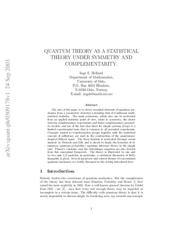 (PDF) Quantum theory as a statistical theory under symmetry