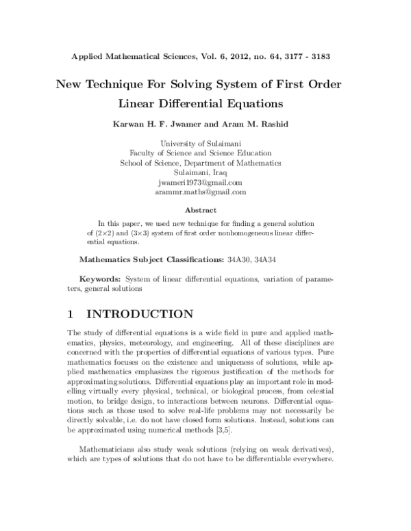 Pdf New Technique For Solving System Of First Order Linear Differential Equations