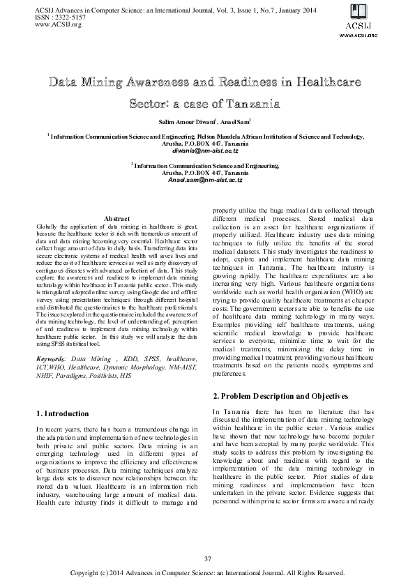 (PDF) Data Mining Awareness and Readiness in Healthcare Sector: a case of Tanzania | Anael Sam ...