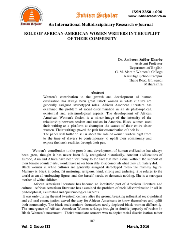 (PDF) ROLE OF AFRICAN-AMERICAN WOMEN WRITERS IN THE UPLIFT OF THEIR ...