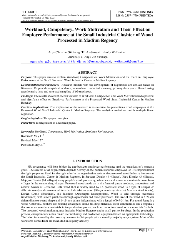 (PDF) Workload, Competency, Work Motivation and Their Effect on Employee Performance at the ...
